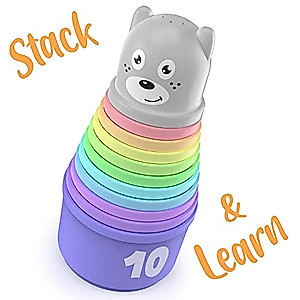Stacking Cups Toy for Toddler Plus Bonus Squirting Baby Bath Toy & Bear Head Shaker with Numbers, Letters, Patterns, Fun Educational Toys for 6 Months +, 1 2 3 Years