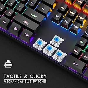 Alkem Mechanical Gaming Keyboard with Rainbow Backlit 104 Keys Gaming Keyboard USB Wired Keyboard with Blue Switch Anti-Ghosting Full Size Keyboard for Windows PC MAC Games (Black)