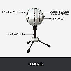 Logitech for Creators Blue Snowball USB Microphone for PC, Mac, Gaming, Streaming, Podcasting, Condenser Mic with Cardioid and Omnidirectional Pickup Patterns, Retro Design – Brushed Aluminum