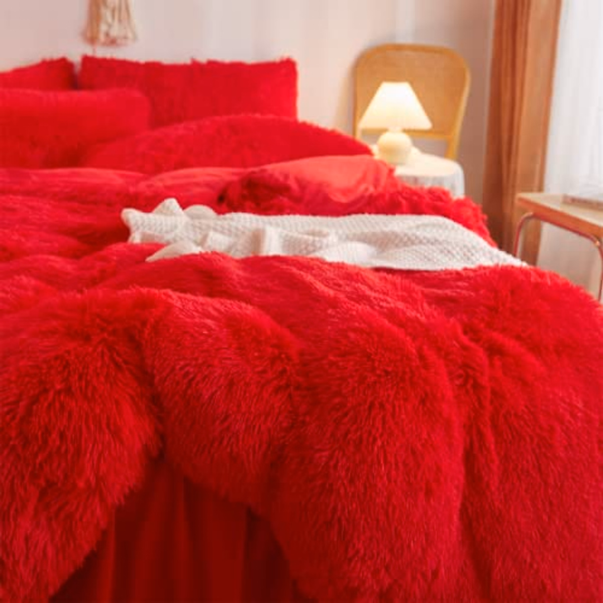 HAIHUA Fluffy red Comforter Cover Set Queen，Faux Fur red Bedding 3 Pieces(1 Plush Queen Duvet Cover +2 Faux Fur Pillowcases) Faux Fur red Bed Set (red, Queen)