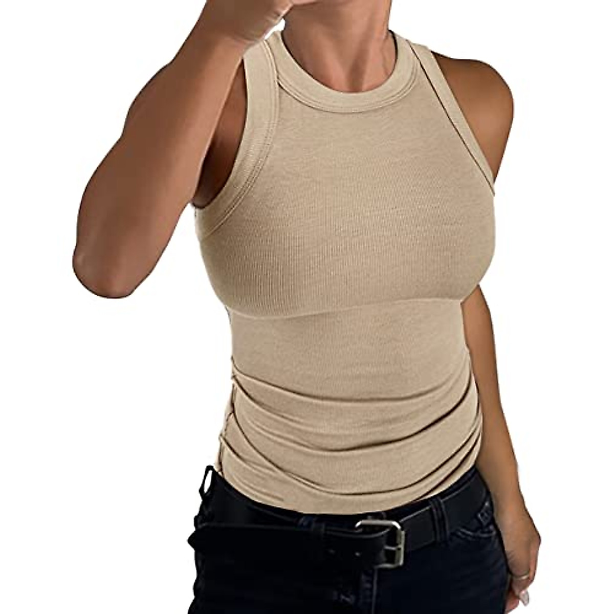 GEMBERA Womens Sleeveless Racerback High Neck Casual Basic Cotton Ribbed Fitted Tank Top Beige Tan Nude XL