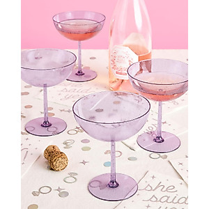 xo, Fetti Lavender Plastic Glitter Coupe Cups - Set of 4 | Bachelorette Party Decorations, Purple Cute Birthday Party Supplies, Reusable Bridal Shower Drinkware