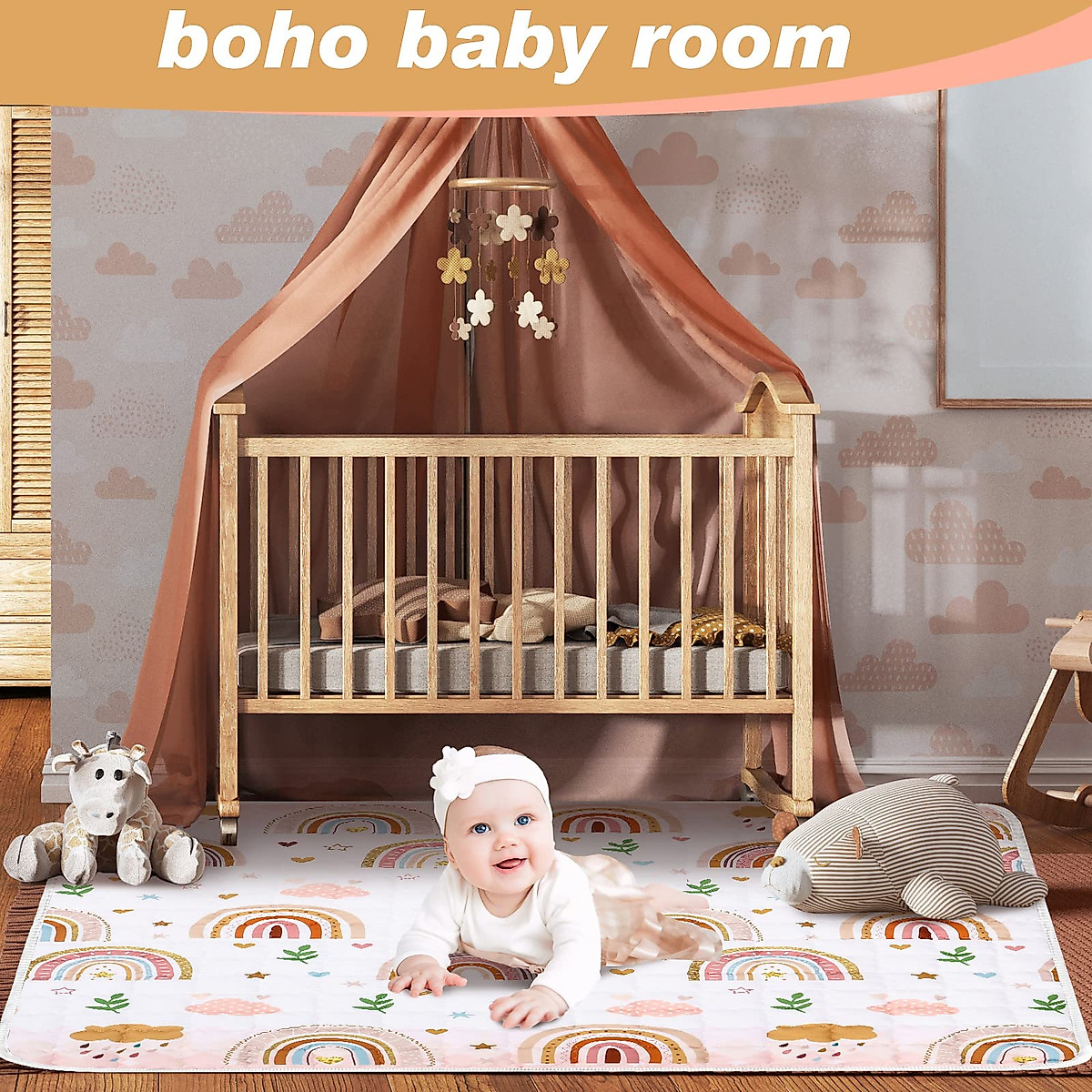 Boho Rainbow Baby Play Mat Portable 43 x 43 Inch Crawling Mat Washable Non Slip Foldable Tummy Time Mat Kids Floor Mat Playpen Mat for Babies Infants Toddlers Floor Playpen Tummy Time Activity