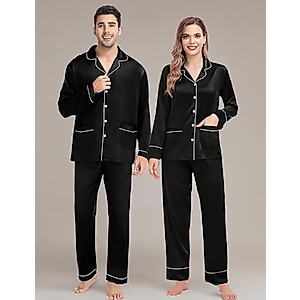 SWOMOG Couple Family Pajamas Matching Sets Women Silk Satin Pjs Set 2 Pcs Long Sleeve Button Down Sleepwear with 2 Pockets, Black Small