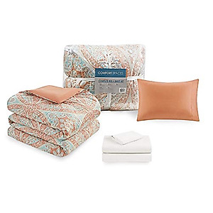 Comfort Spaces Bed in A Bag - Trendy Casual Design Cozy Comforter with Complete Sheet Set with Side Pocket, All Season Cover, Matching Shams, Twin(66"x90"), Gloria, Damask Coral 6 Piece