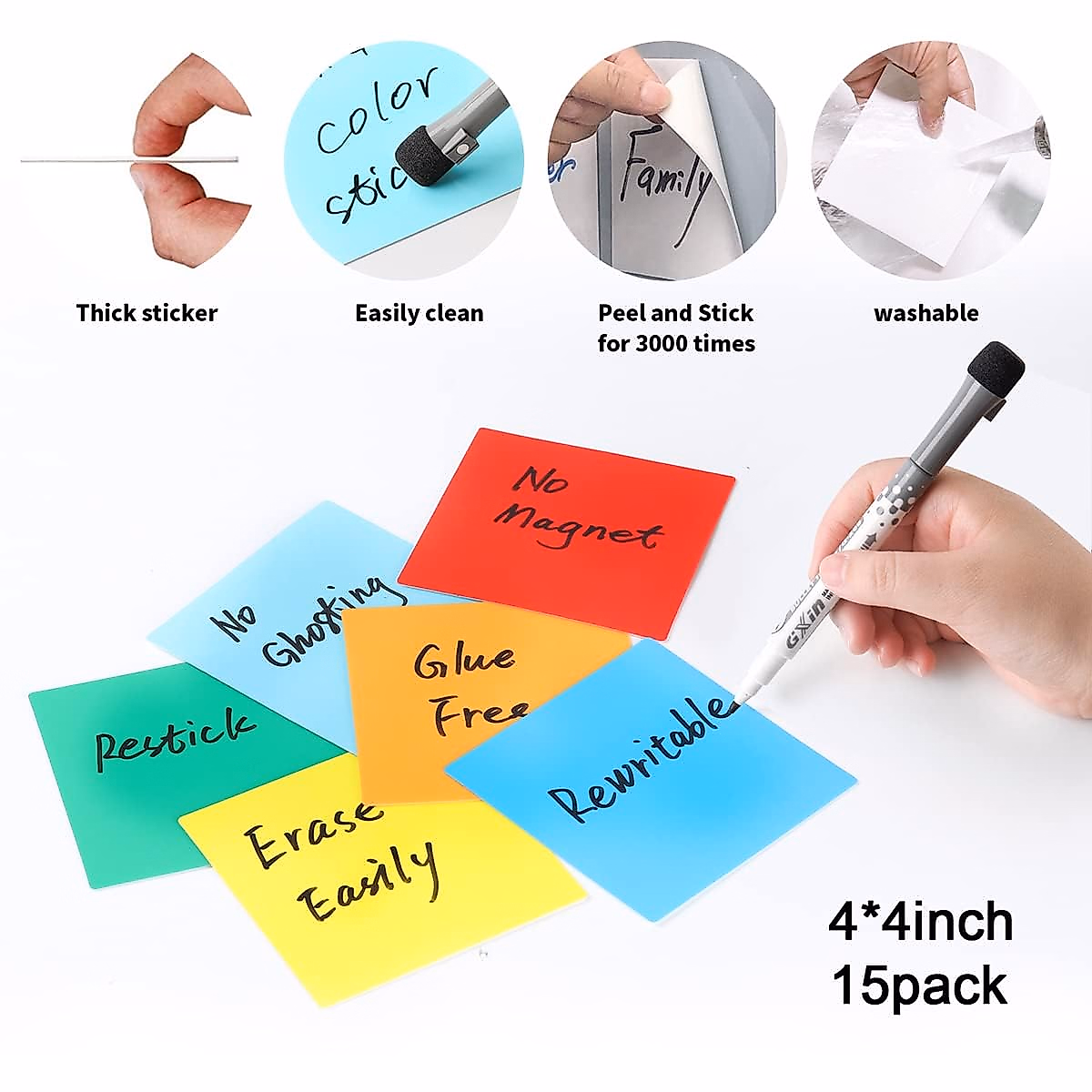 HOHI LINE Dry Erase Reusable Colorful Square 4x4 Self-Stick Notes Pads Sticky Post it Notes Magnetic Whiteboard Markers with Erasers (4"x4", Colorful 15pcs Note Pad)