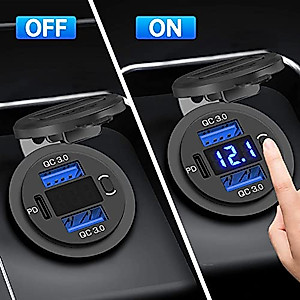 12V USB Outlet Qidoe Dual 18W Quick Charge 3.0 Port & 20W PD 12V USB C Car Charger Socket with Voltmeter and Power Switch, Waterproof Multiple Car USB Port Adapter for Car Boat Marine Truck Golf RV