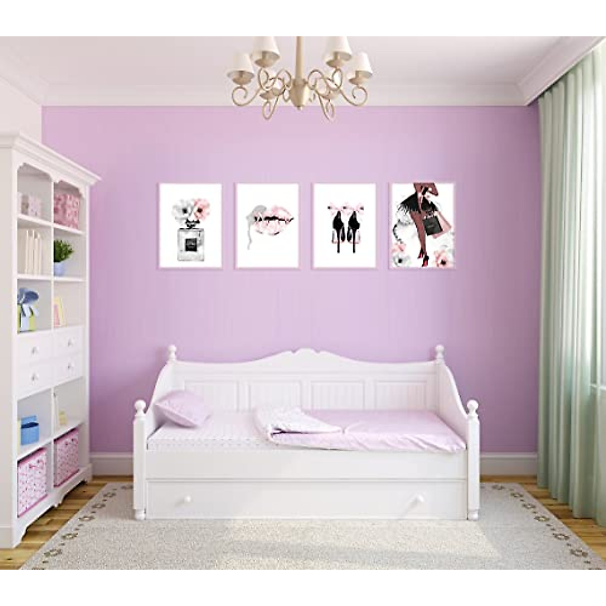 Watercolor Fashion Women Wall Art Glam Poster Modern Artwork for Girls Bedroom Pink Flowers Perfume Handbag High Heel Lips Paintings for Women Room Bathroom Gift (8x10 inch，Set of 4，Unframed)