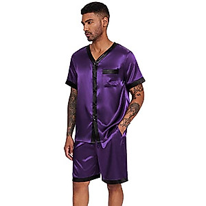Ekouaer Silk Pajamas for Men Satin Pajama Shorts 2 Piece Button Down Pj Set V Neck Sleepwear Loungewear with Pockets S-XXL Purple