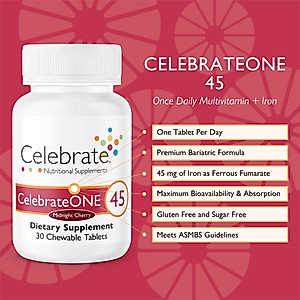 Celebrate Vitamins CelebrateONE 45 One A Day Bariatric Multivitamin with Iron Chewables, 45 mg Iron, Midnight Cherry, 30 count