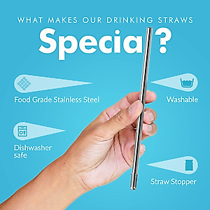 Stainless Steel Reusable Straws, 9.5-inches Straight Metal Straw for Drinking Hot and Cold Beverages, Designed with Stopper, Set of 6 Metal Straws - Simply Green Solutions