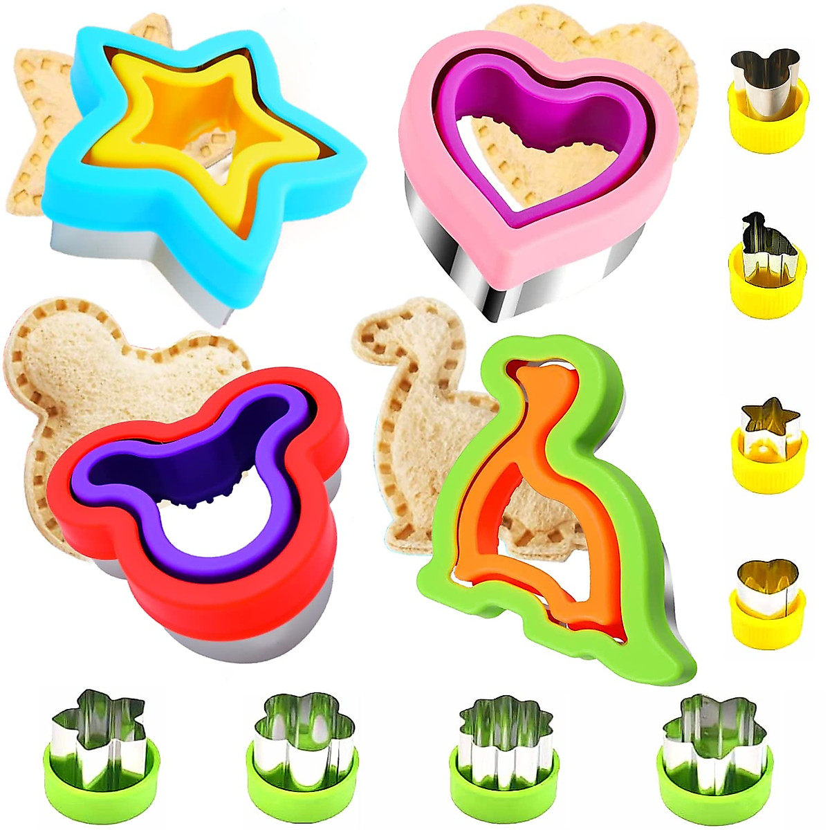 Uncrustables Maker, 12pcs Sandwich Cutter and Sealer sets, Uncrustable Sandwich Cutter, Decruster Sandwich Maker, Bread Cookie Cutters for Boys Girls Lunch & Bento Box (Dinosaur Heart Mickey Star)