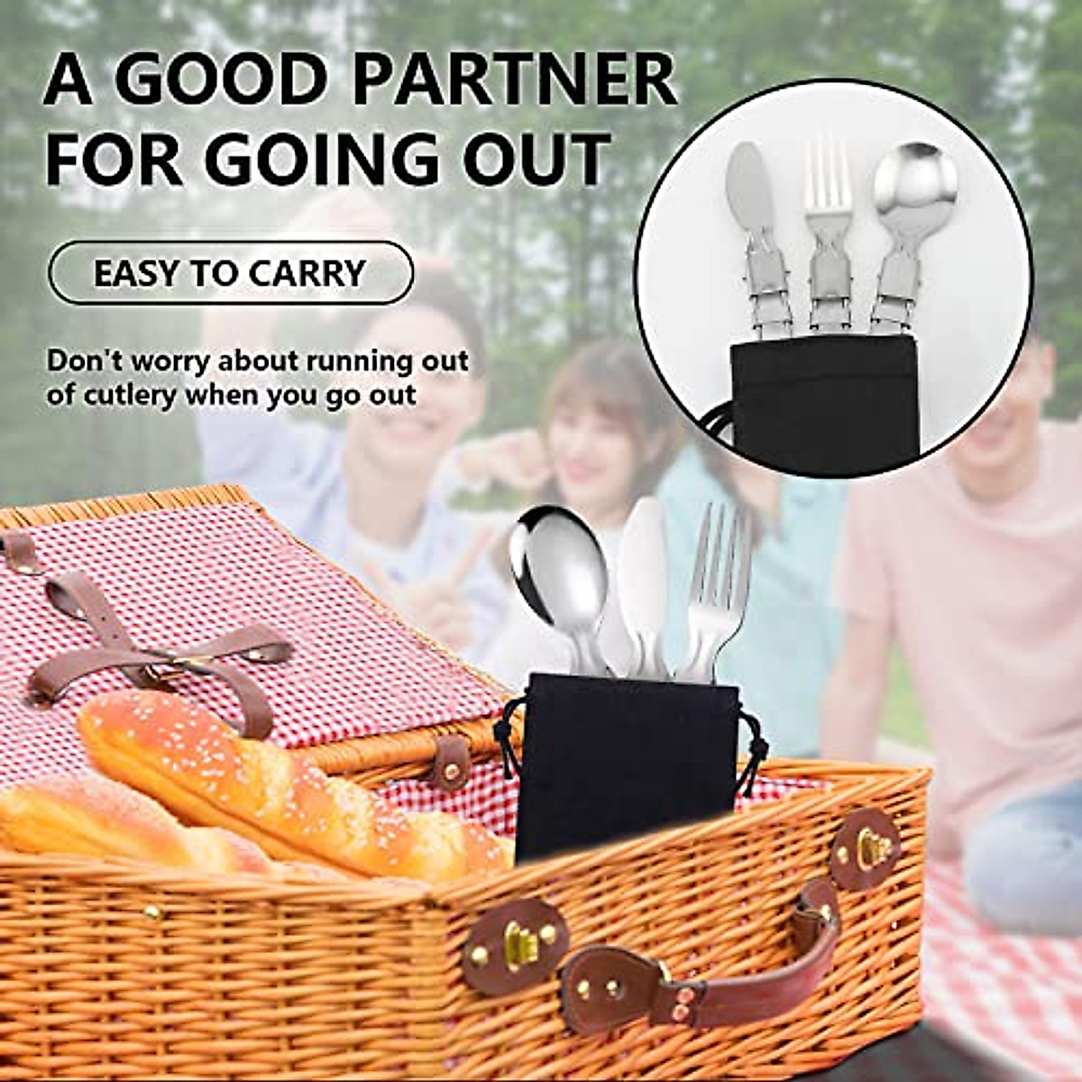 KitchenMade 4 Pack Reusable Flatware Sets Knife, Fork, Spoon, Chopsticks, Stainless Steel Folding Utensil Set & Nylon Storage Bag ，Ultralight Utensils for Backpacking/Hiking/Camping