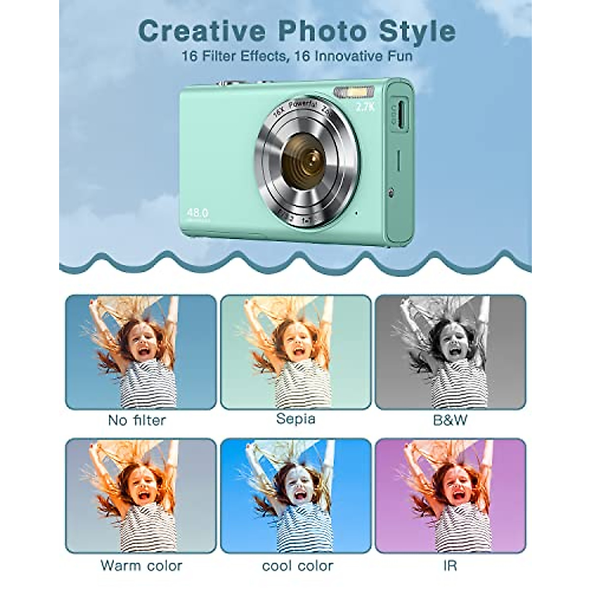 Digital Camera, Zostuic 2.7K Autofocus 48MP Kids Camera with 32 GB Card 16X Zoom Compact Portable Mini Toy Cameras Christmas Birthday Festival Gift for Kid Children Teens Girls Boys(Green)