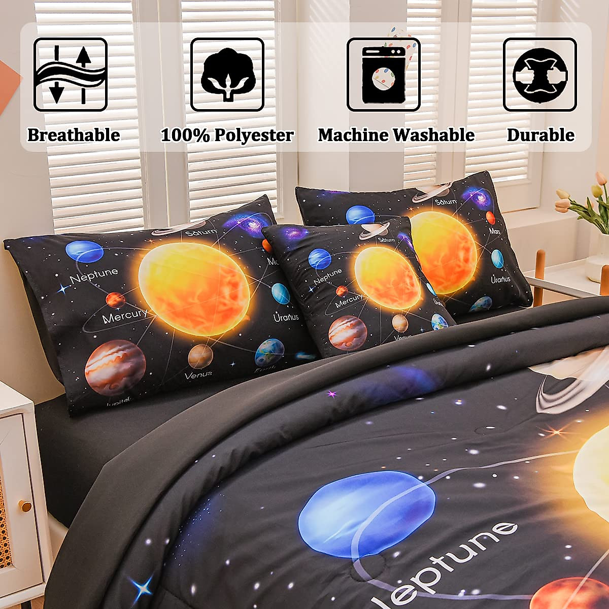 Tasselily Twin Size Comforter Sets for Boys, Space Bedding Set Twin Bed in a Bag, 6 Pcs Universe Planet Galaxy Comforter Set with Sheets