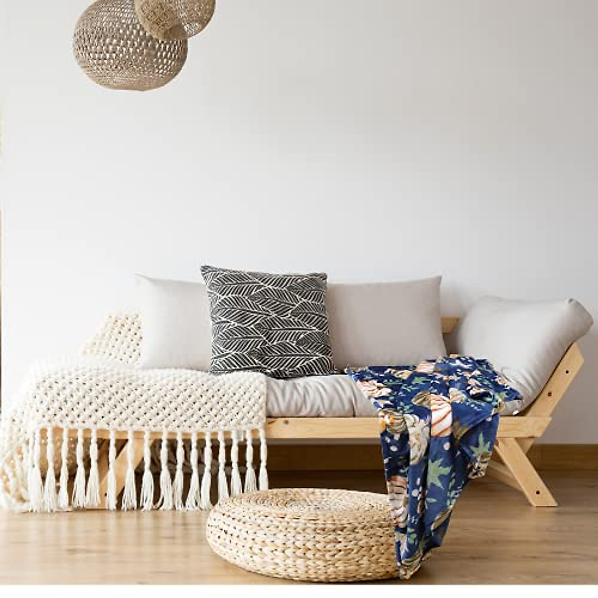 Fall Decor Throw Blanket: Soft Orange White Pumpkins Leaves and Berries on Slate Blue Background for Living Room Couch Bed Chair or Dorm