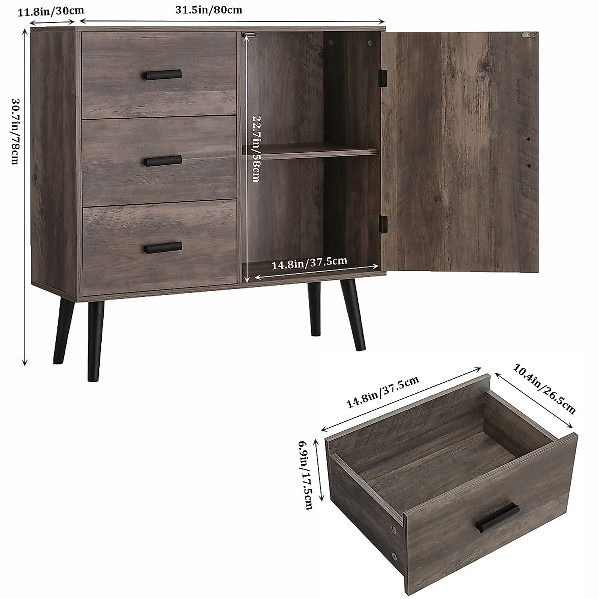 Iwell Storage Cabinet with 3 Drawers and Adjustable Shelf, Sideborad Buffet Cabinet with Door, Accent Cabinet for Living Room, Entryway, Hallway, Rustic Oak