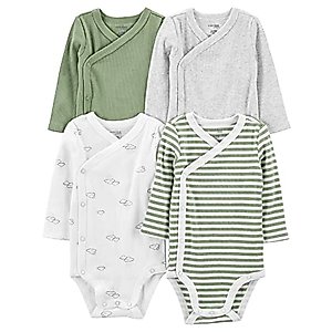 Simple Joys by Carter's Unisex Babies' Textured Bodysuits, Pack of 4, Jade Green Stripe/Light Grey/Olive/White Clouds, 12 Months