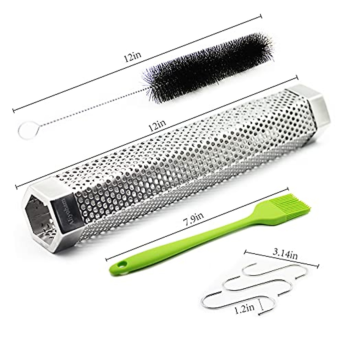 Pellet Smoker Tube, Aliyoham 12'' Stainless Steel BBQ Smoke Tube, Hot/Cold Smoking for All Charcoal, Electric, Gas Grills(with 3 S Shape Hooks,1 Cleaning Brush, 1 Silicone Brush)