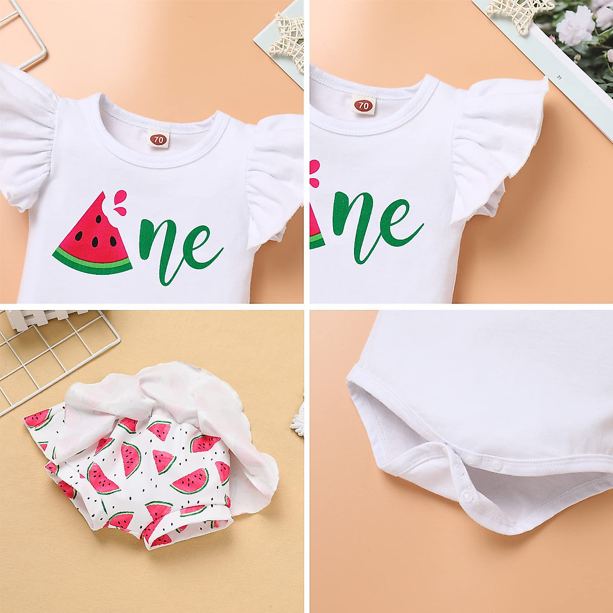 FYMNSI My 1st Birthday Outfit Watermelon Baby Girl Ruffle Romper Mini Tutu Shorts Skirted Bummies Headband I’m One Cake Smash Photo Shoot Toddler Summer Fruit Themed First Birthday Party Supply
