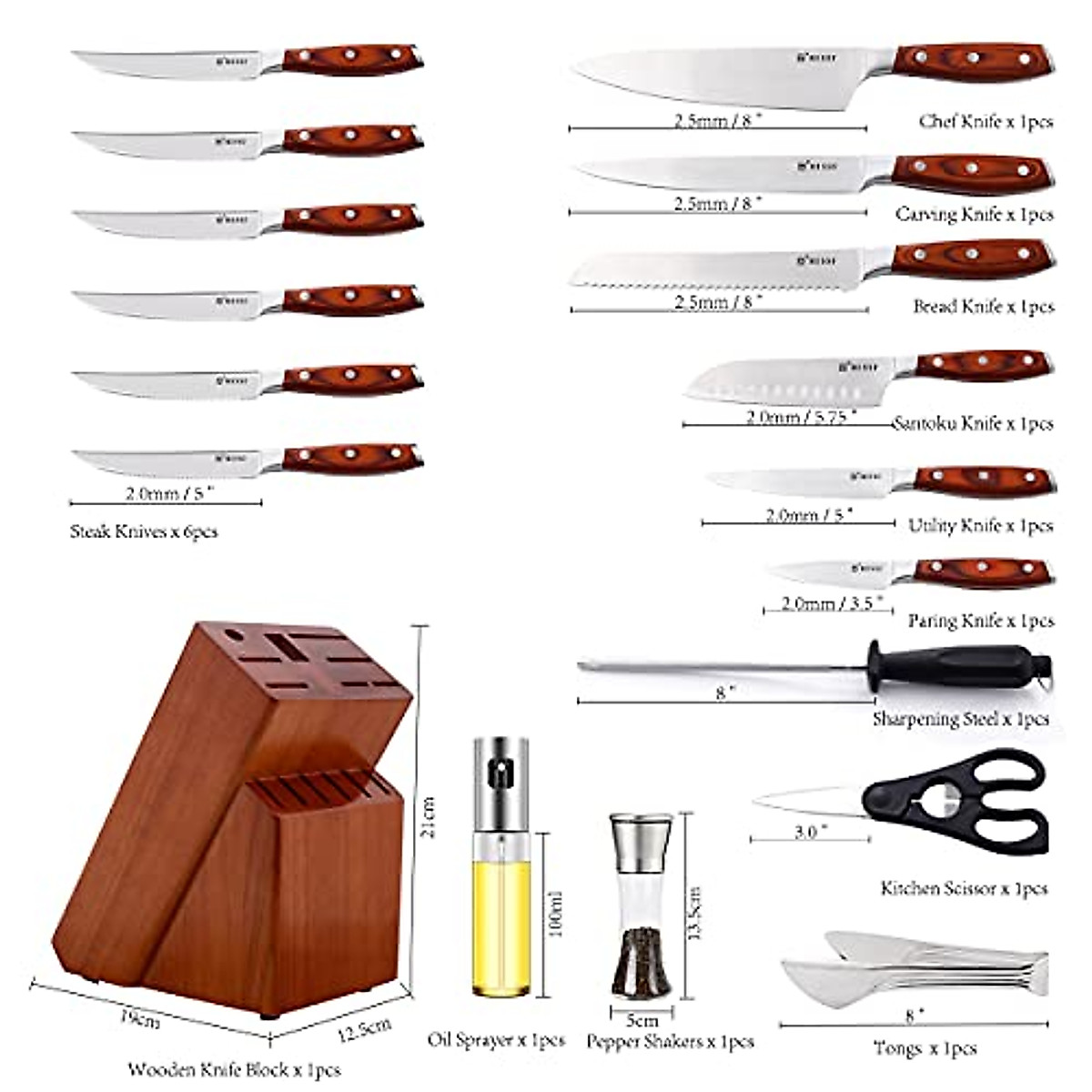 HISSF Japanese Knife Set 18 Piece German High Carbon Stainless Steel Kitchen Knife Sets with Wooden Block, Full Tang Triple Rivet kitchen Knife Block Set for Gift, Chef Knife Set