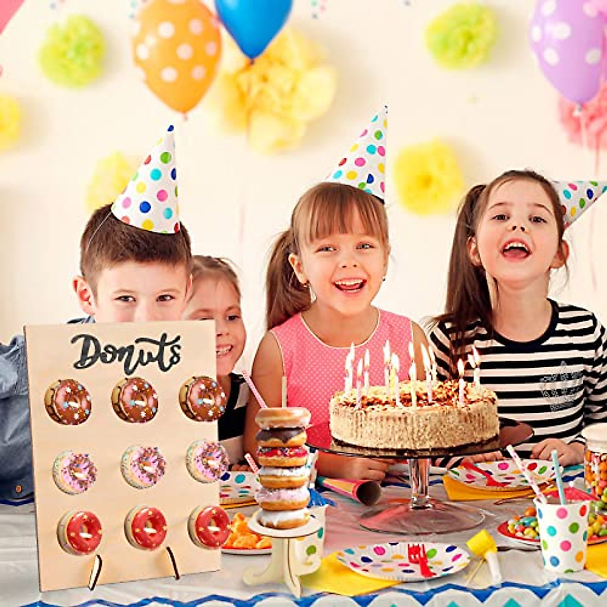 2Pcs Donut Wall Display Stand, Donut Display Board, Wooden Donut Holder Stand Party with 4Pcs Donut Stand Towers for Birthday Party,Wedding Decoration
