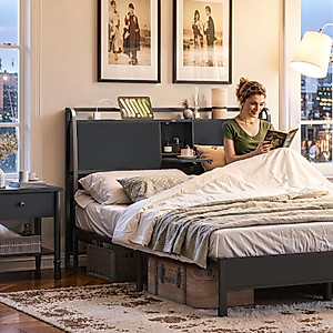 MAHANCRIS Headboard Queen Size, Headboard with 4 Outlets and 4 USB Ports, Industrial Headboard with Flip Door and Bed Frame Adapter, Height Adjustable, Black