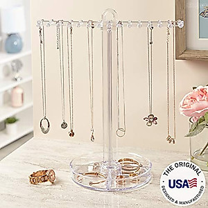STORi Clear Plastic Hanging Jewelry Organizer | Holds 30 Individual Necklaces on the Pegs & Sorts Small Jewelry in the Bottom Divided Holder | Made in USA