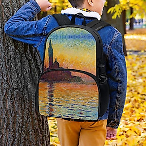 Rivatimrio The Twilight of San Giorgio Church Monet Backpack Boys Girls School Impressionism Oil Painting Rucksack Middle High School Bags Double Zipper Rucksack Teenagers