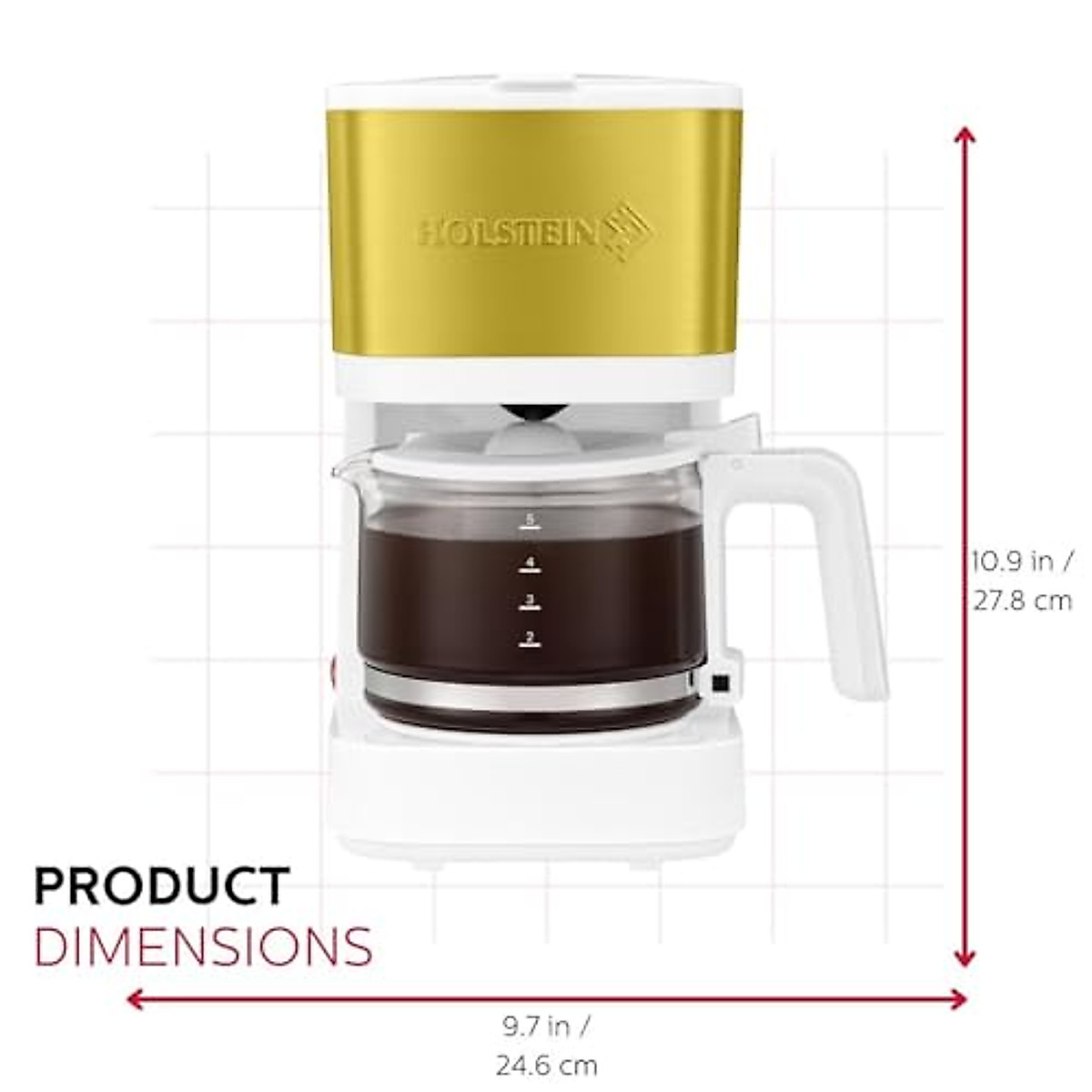Holstein Housewares 5-Cup Coffee Maker - Pause N Serve, One-Touch Operation, Non-Stick Warming Plate, Water Level Indicator - Reusable Filter - Compact Design - White and Gold Color