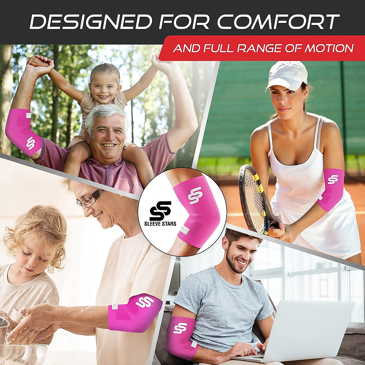 Sleeve Stars Elbow Compression Sleeve for Women & Men, Tendonitis Elbow Brace & Elbow Support for Pain & Arthritis, Tennis Elbow Sleeve Arm Protector Wrap for Golf & Sports (S-XXL) (L: 10"-12", Hot Pink)