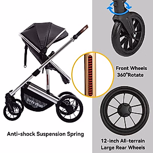 LORTSYBAB Baby Stroller - 2 in 1 High Landscape Convertible Stroller with Reversible Seat | Foldable Aluminum Alloy Pram Anti-Shock Toddler Pushchair Strollers for 0-36 Months Babies