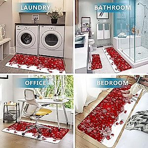 2 Pieces Kitchen Rugs and Mats Red Christmas Shiny Stars Xmas Balls,Non Slip Indoor Doormats Set,Washable Floor Carpet Area Runner for Laundry Sink Home Decor Winter Snowflakes