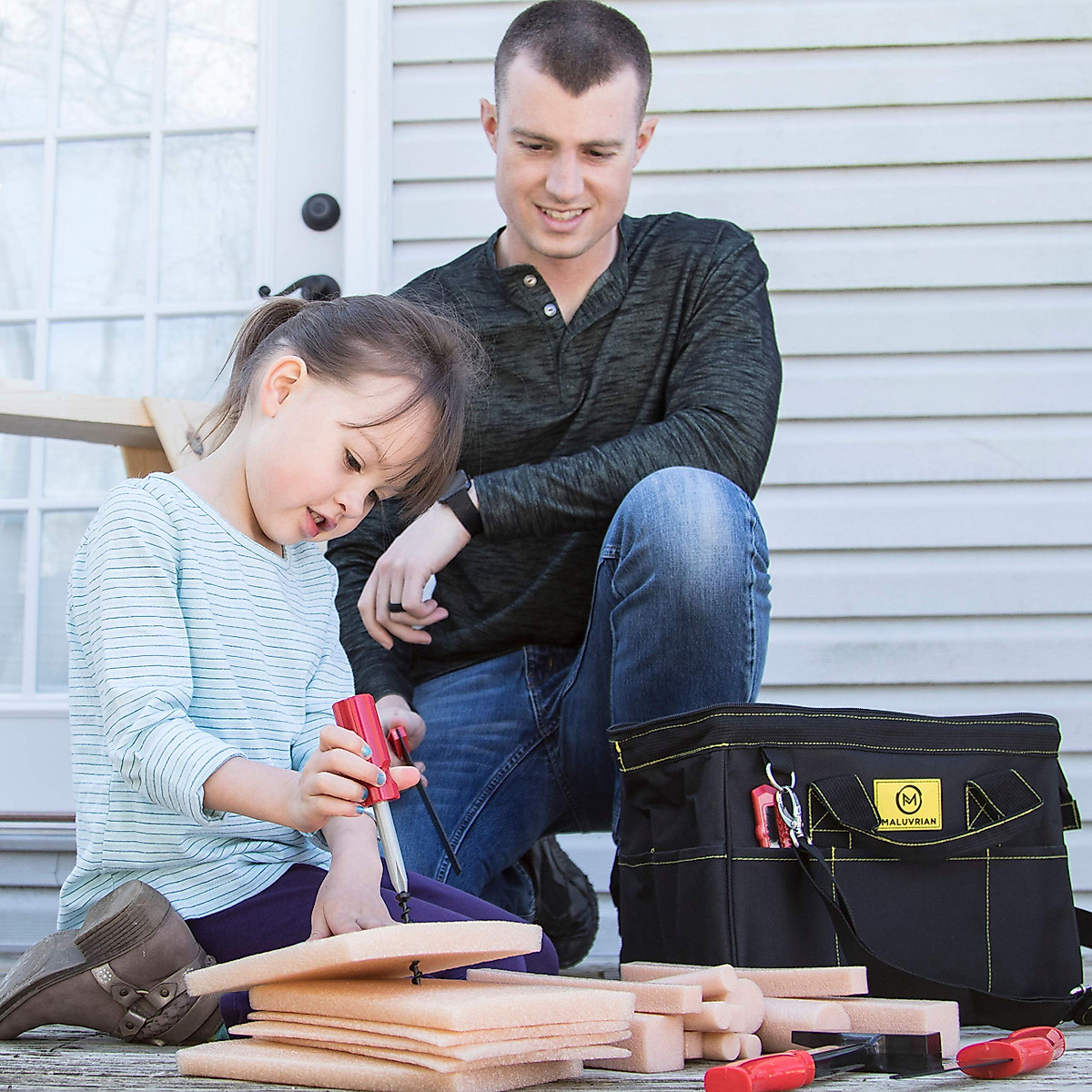 MALUVRIAN Educational Toys Building Toys - Plastic Tools - Kid Toys STEM Toys for Boys and Girls - Real Tool Bag Construction Toys Arts and Crafts Foam Wood Pretend Play Creative Toys Kids Tool Set