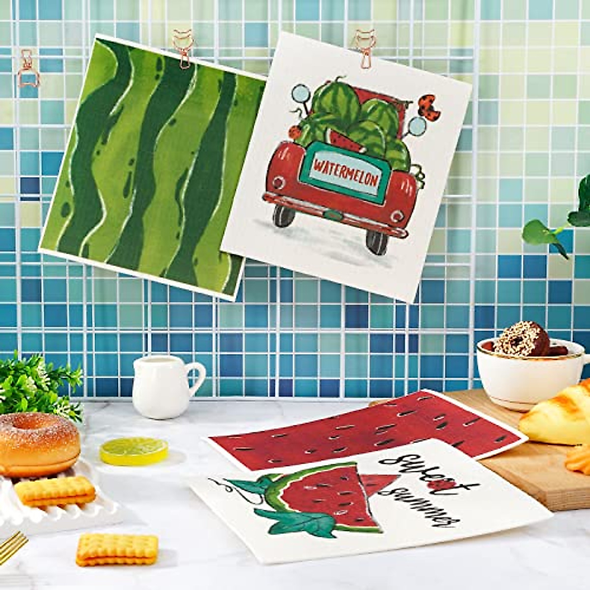 AnyDesign Watermelon Swedish Kitchen Dishcloth Summer Cotton Kitchen Towel Fruit Truck Dish Towels Reusable Absorbent Cleaning Dish Cloths for Housewarming Cleaning Wipes, 4Pcs, 7 x 8 Inch