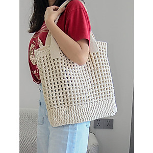ENBEI Womens Large Beach Tote Bags Shoulder Handbags knit bag Tote bag aesthetic for Beach Crocheted tote cute Tote bags (white)