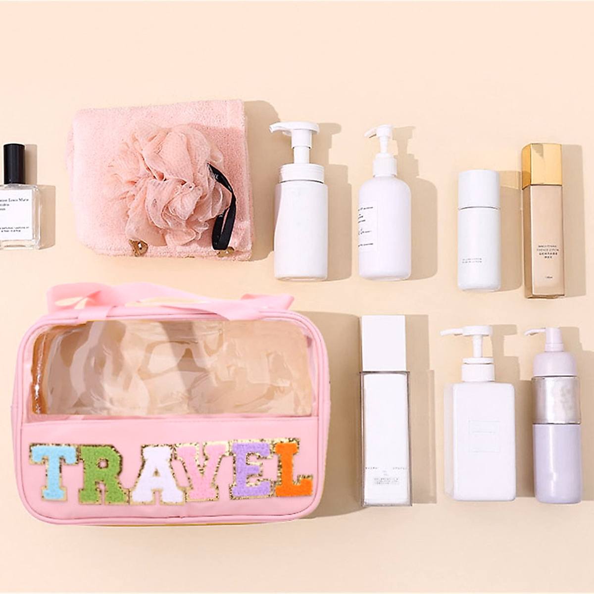 CRUOXIBB Chenille Letter Patch Clear PVC And PU leather Large Travel Makeup Toiletry Storage Bag Waterproof Makeup Tote Bag for Women (Travel-Pink)