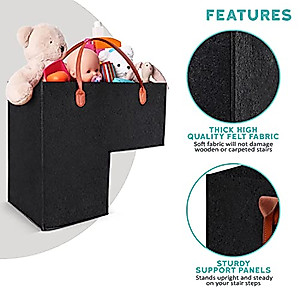 Stair Basket and Stairway Organizer with 2 Reinforced Durable Leather Handles for Standard Sized Stairsteps, Made of Non-Woven Felt Fabric, Collapsible