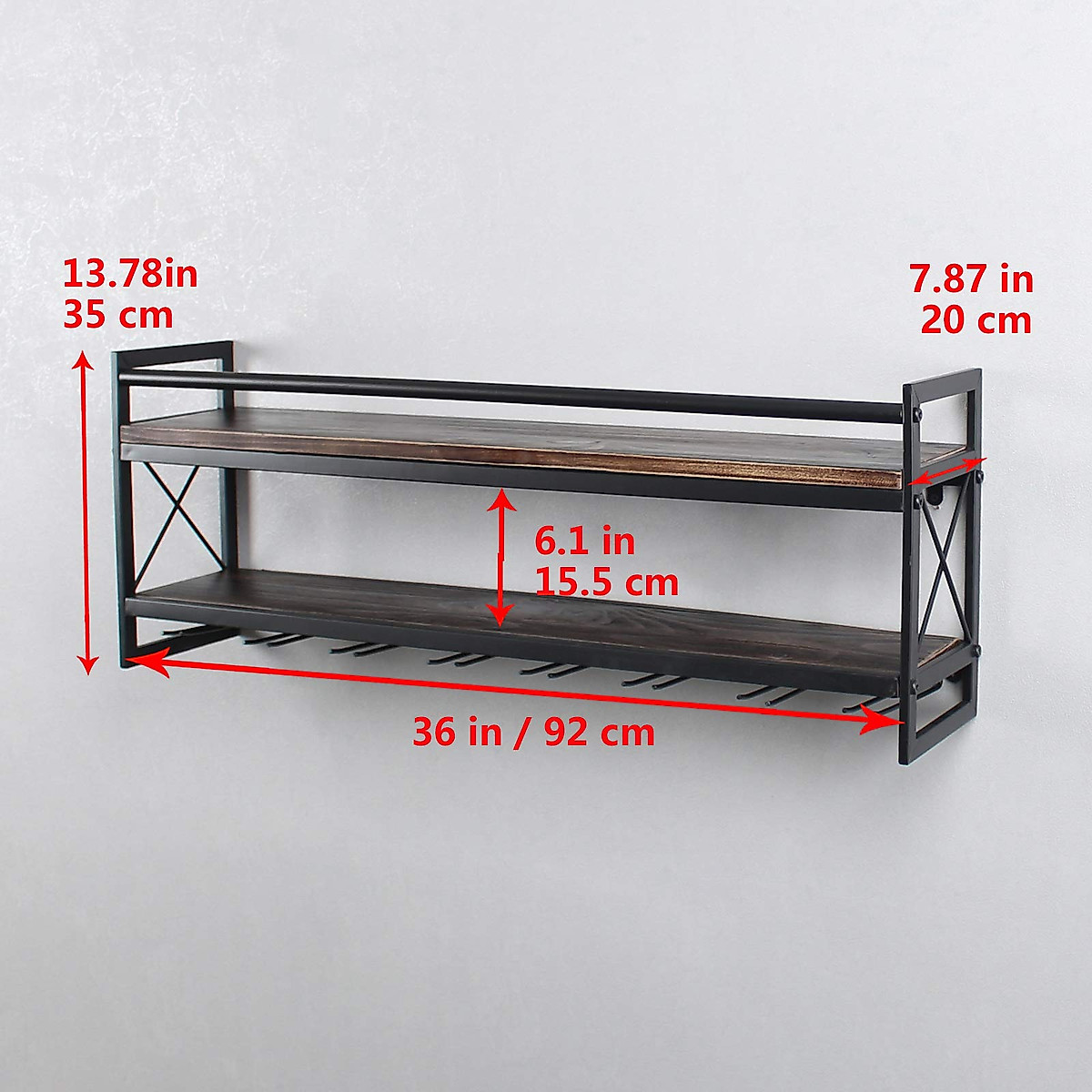 MBQQ Wine Rack Stemware Glass Rack,Industrial 2-Tier Wood Shelf,36" Wall Mounted Wine Racks with 8 Stem Glass Holder for Wine Glasses,Mugs,Home Decor,Retro Black