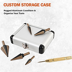 KENDO 5PCS Step Drill Bits with Automatic Center Punch - Black and Gold, High Speed Steel Unibit Step Drill Bit Set, Total 50 Sizes HSS Titanium Step Bits for Metal, DIY Lovers with Aluminum Case