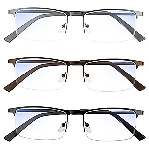 WEIMELTOY 3 Pack Blue Light Blocking Reading Glasses for Men, Stylish Half Frame Metal Computer Readers, Lightweight Spring Hinge Eyeglasses Anti Eyestrain/Glare/UV (Mix Color, Black+Grey+Brown, 1.25)