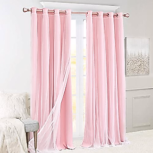 SOFJAGETQ Double Layered Blackout Pink Curtains - Princess Girls Curtains & Draperies Panels for Kids Bedroom Living Room Nursery Pink Lace Hem Room Darkening Curtains, 52x84 inches, 2 PCs