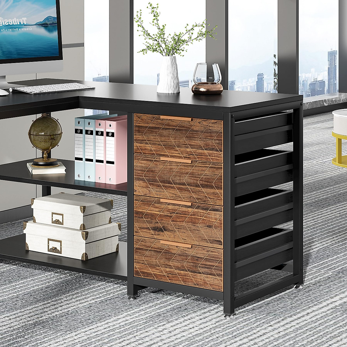 Tribesigns L Shaped Computer Desk with Storage Drawers, 59 inch Corner Desk with Shelves, Reversible L-Shaped Office Desk Study Writing Table Workstation for Home Office, Black