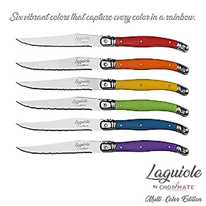 Chopmate - Laguiole Style - Stainless Steel Premium Steak Knife Set - Vibrant Multi Color Edition - 6 Piece Set + Bonus Wood Storage Display Block