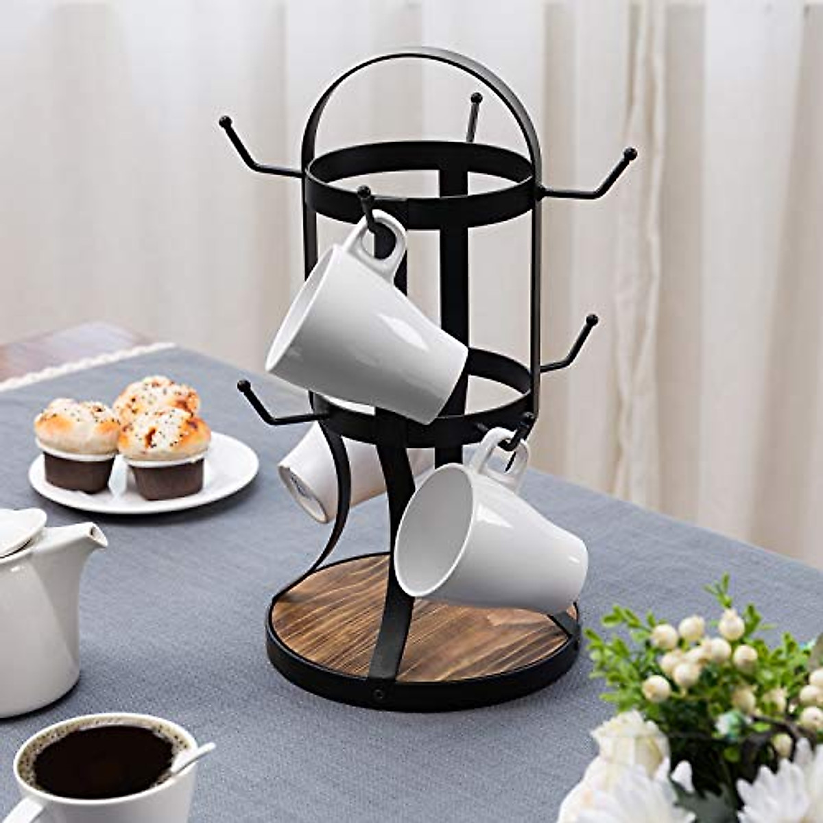 MyGift Rustic Black Metal Coffee Mug Rack with Burnt Wood Base and 8 Hooks