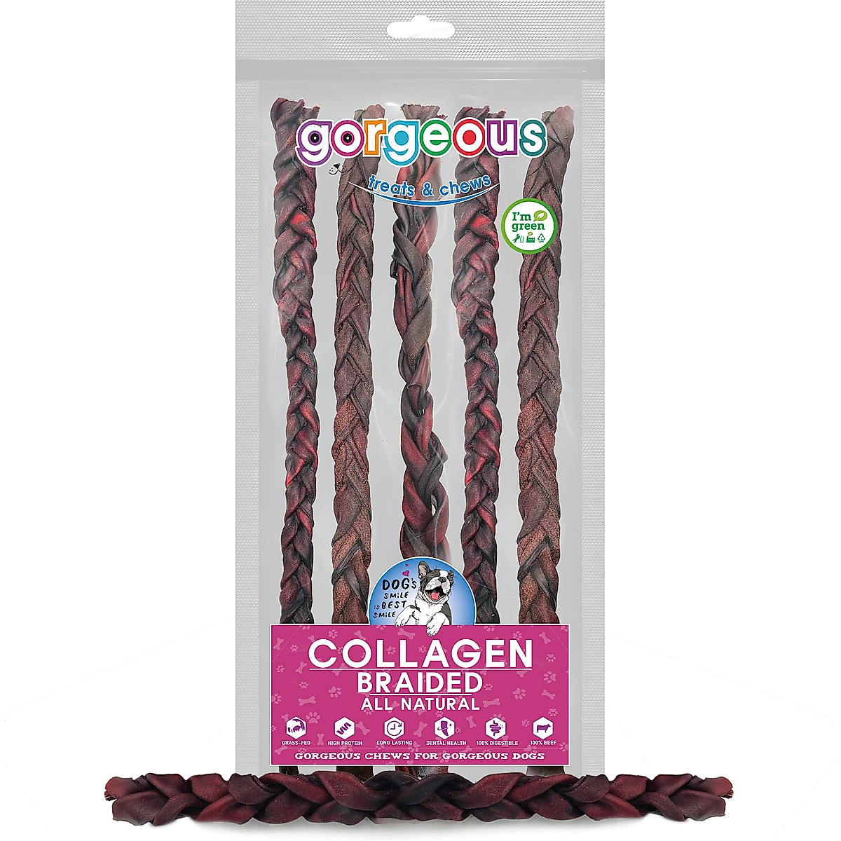gorgeous treats and chews Beef Collagen 12 Inch | (Braided (5 Count)) | High in Protein | All Natural Chew for Dogs | 100% Digestible | Chondroitin & Glucosamine Source | Good for Dental Health