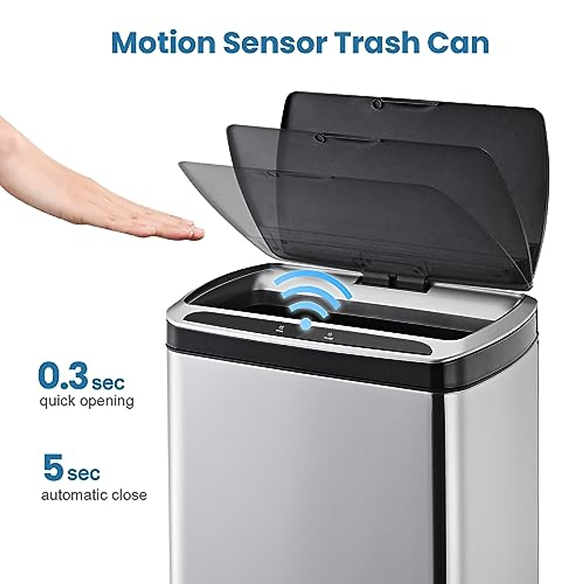 ELPHECO 50 Liter / 13.2 Gallon Rectangular Kitchen Trash Can, Brushed Stainless Steel Finish Motion Sensor Trash Can, Automatic Trash can for Kitchen, Living Room, Office, 3 AA Batteries (Excluded)