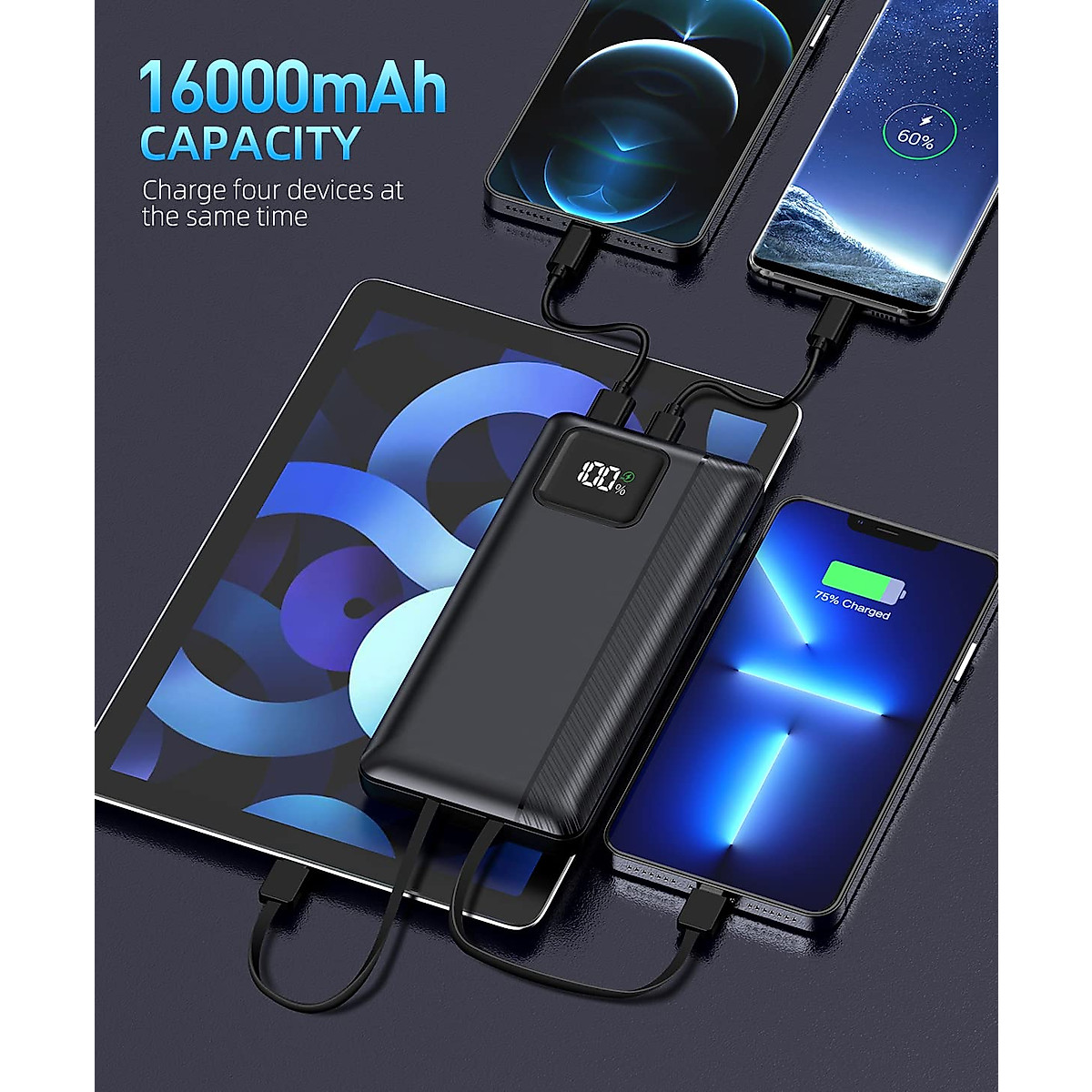 Power-Bank-Portable-Charger - 16000mAh Power Bank Support PD 30W and QC4.0 Fast Charger with Built-in 2 Output Cable and LED Display for iPhone and Android Phones and Most Electronic Devices