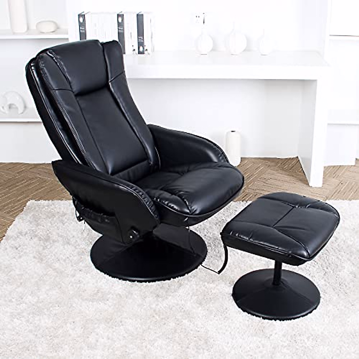 JC HOME Drammen Massaging Leather Recliner and Ottoman with Leather-Wrapped Base, Black