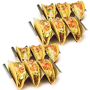 Nostalgia Taco Tuesday Stainless Steel 4-Piece Taco Holder Tray Set, Holds Up to 12 Shells, Dishwasher, Oven and Grill Safe, Use As Baking Rack